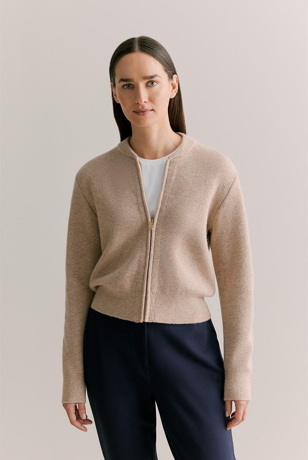 Oatmeal Marle Merino Double Knit Zip Bomber Cardigan - Knitwear | Outlet