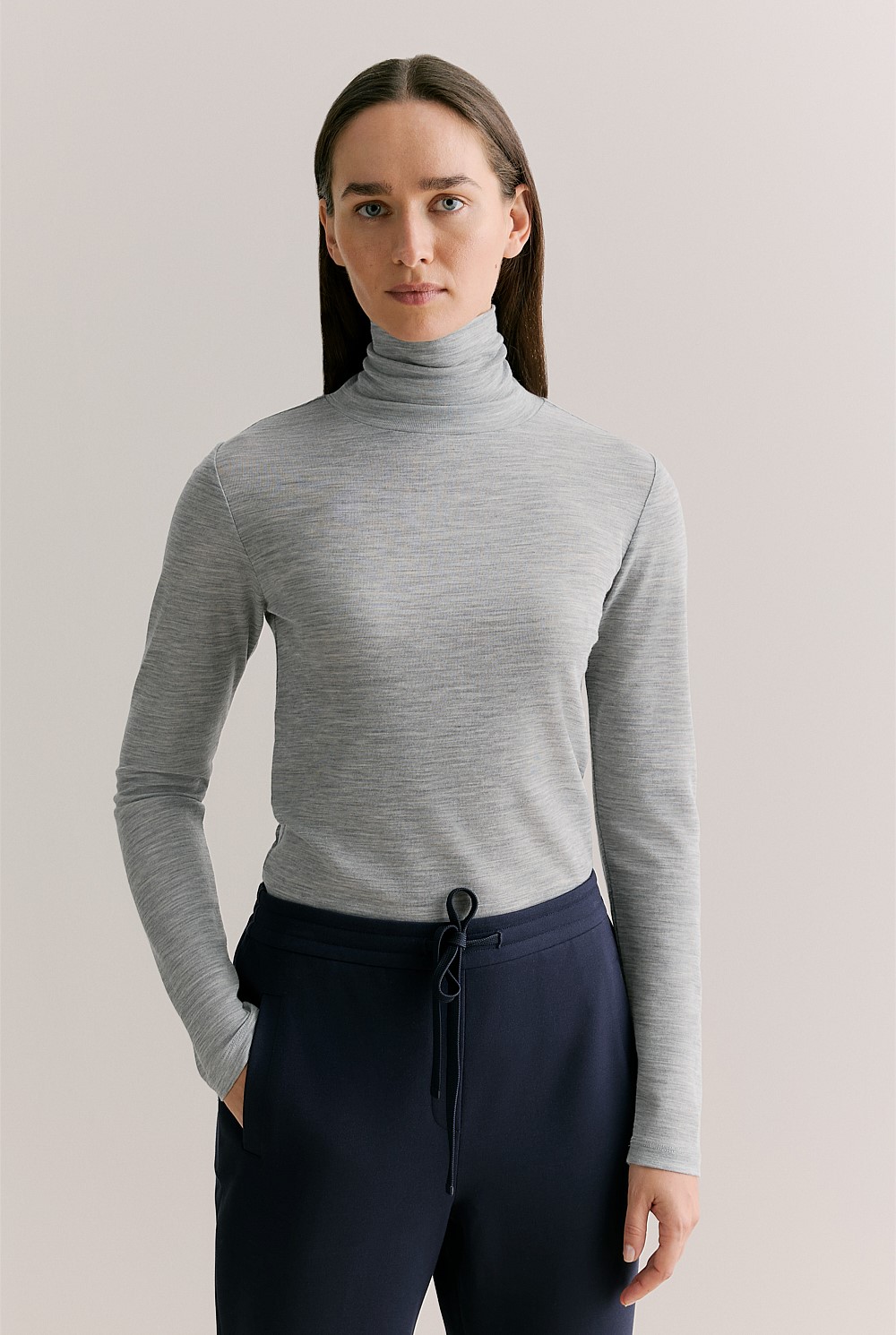 Grey Marle Merino Fine Rib Rollneck - T-Shirts & Tops | Outlet