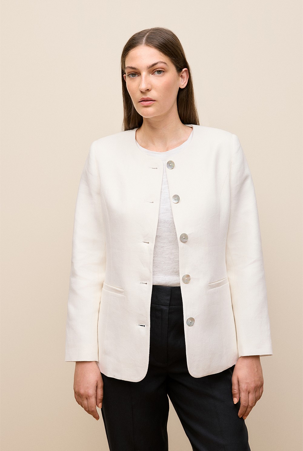 Pearl Basketweave Linen Collarless Jacket - Outerwear | Outlet