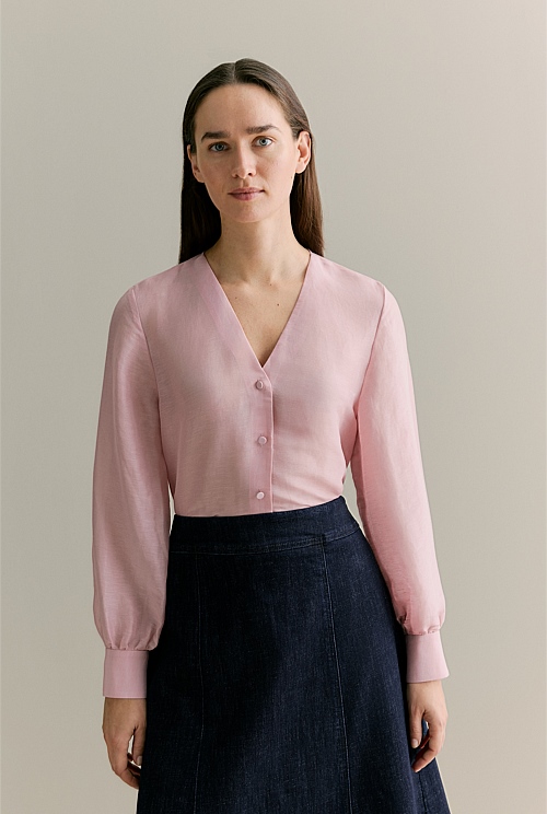 Mauve Pink Linen Silk V Neck Blouse - Shirts | Outlet