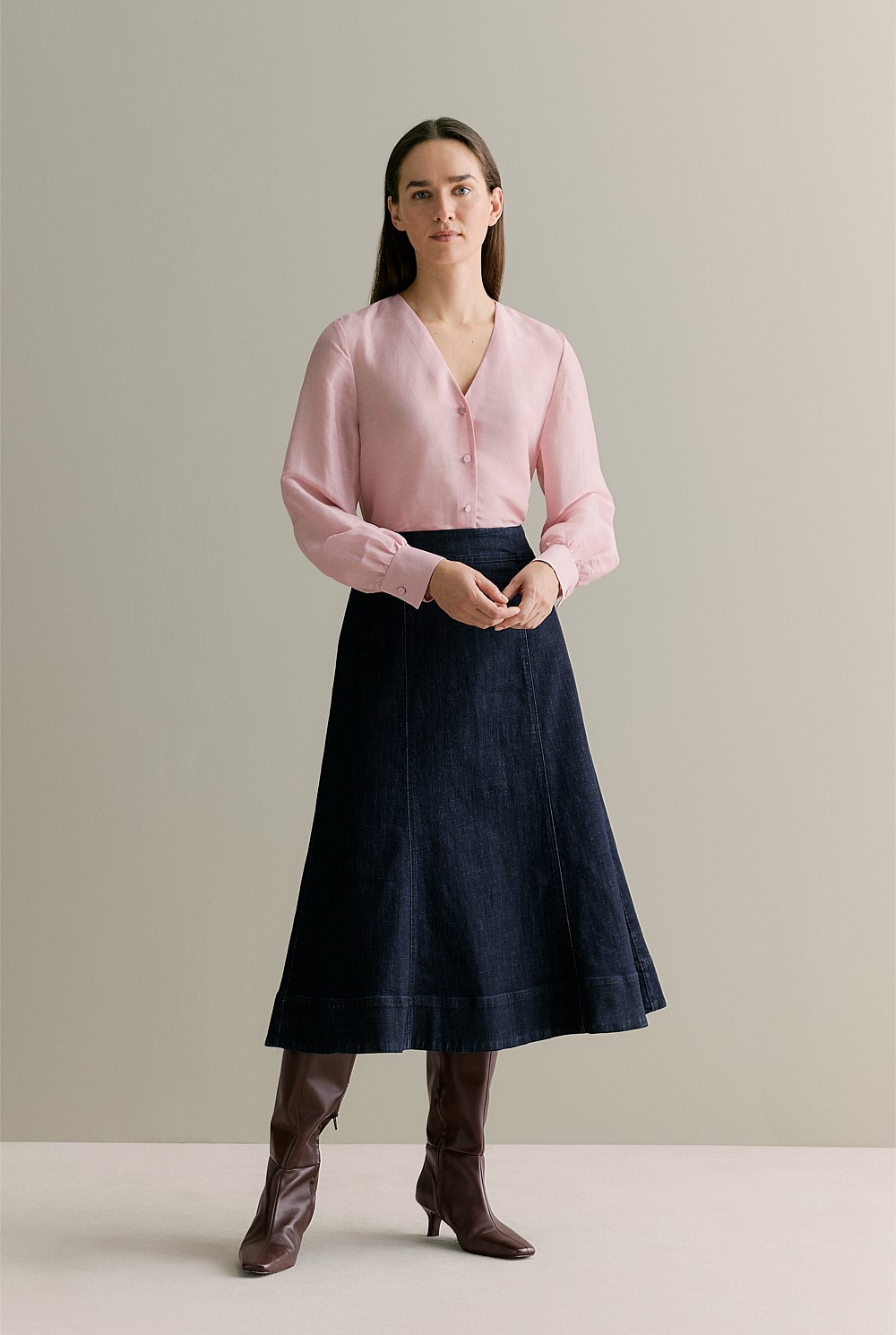 Mauve Pink Linen Silk V Neck Blouse - Shirts | Outlet