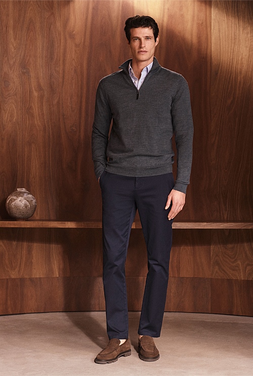 Navy Tailored Fit Cotton Twill Window Pane Check Shirt - Shirts | Outlet