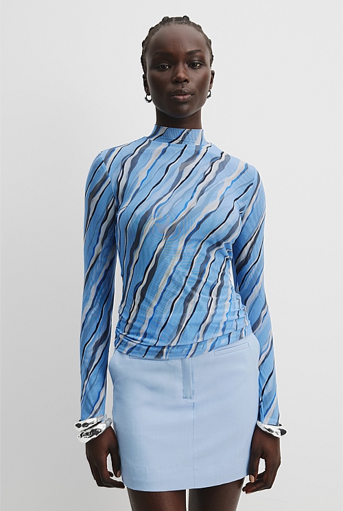 Painterly Stripe Print Long Sleeve Mesh Skivvy - T-Shirts & Tops | Outlet