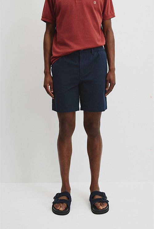 Navy Cotton Micro Textured Short - Shorts | Outlet