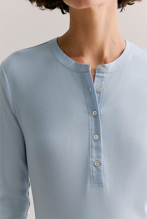 Powder Blue Cotton Rib Henley - T-Shirts & Tops | Outlet