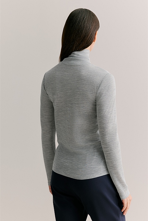 Grey Marle Merino Fine Rib Rollneck - T-Shirts & Tops | Outlet