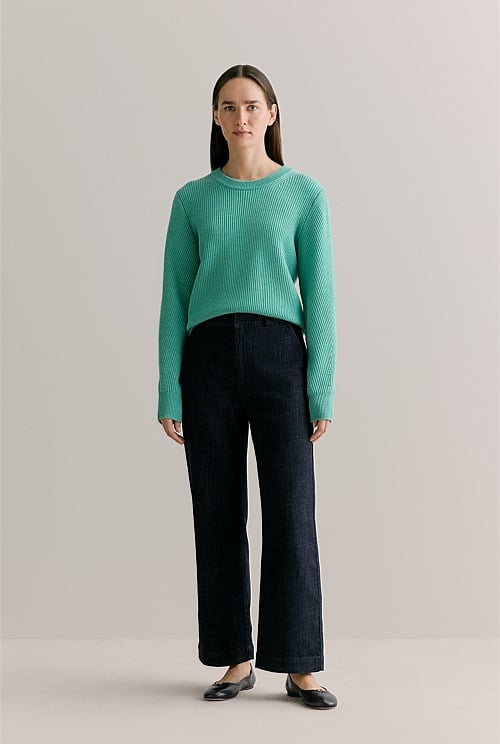 Opal Green Merino Rib Pointelle Crew - Knitwear | Outlet