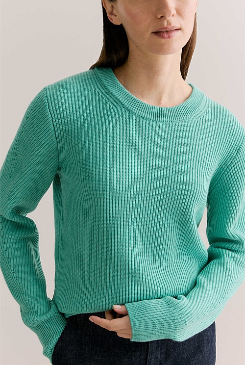 Opal Green Merino Rib Pointelle Crew - Knitwear | Outlet