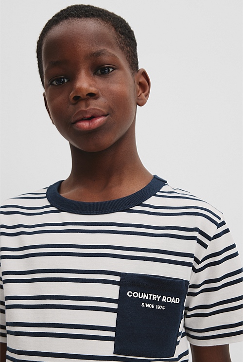 Navy Stripe Organically Grown Cotton Country Road Pocket T-Shirt - T ...